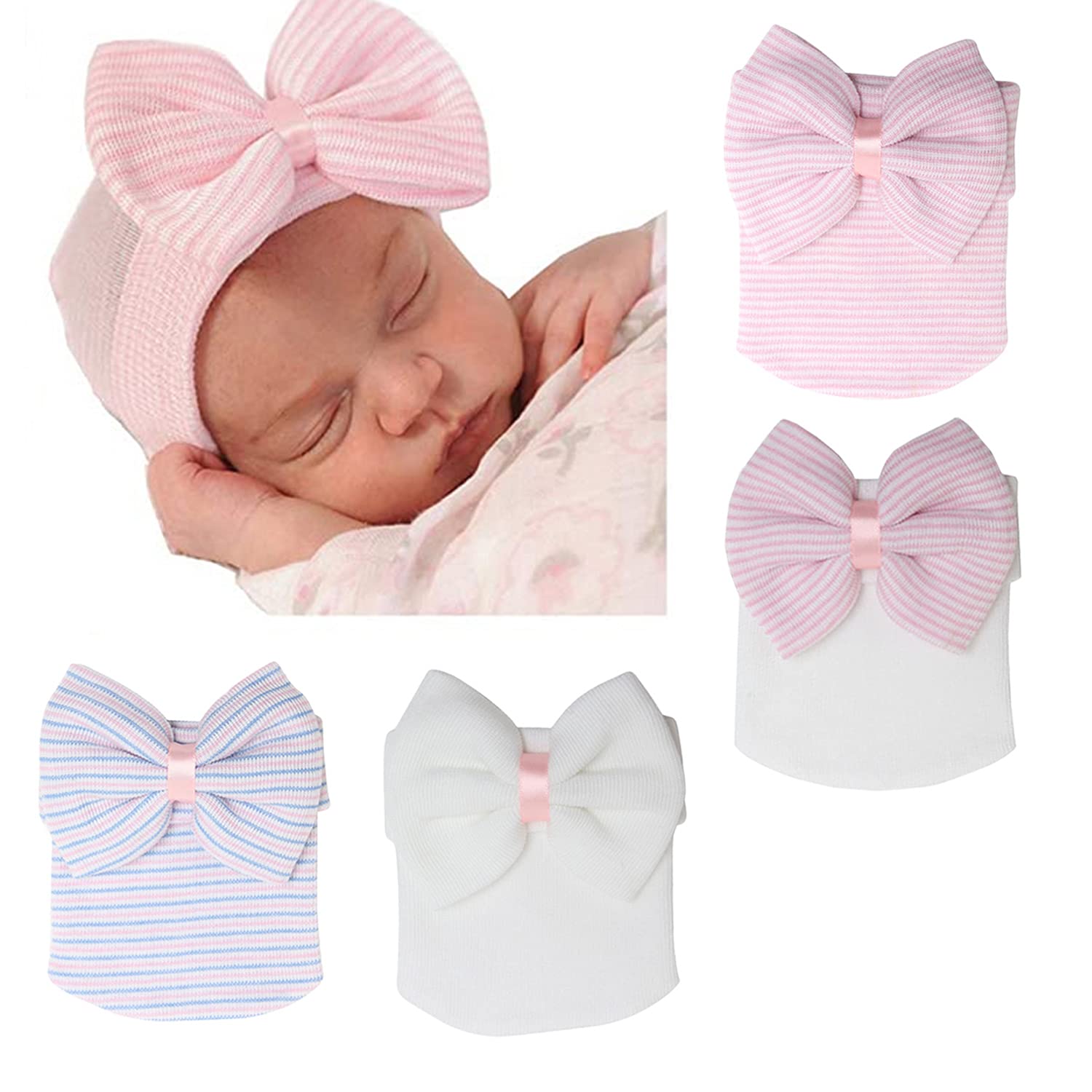 DRESHOW BQUBO 4 Pack Newborn Hospital Hat Infant Baby Hat Cap with Big Bow Soft Cute Knot Nursery Beanie