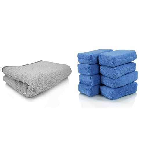 Chemical Guys MIC_781_01 Waffle Weave Gray Matter Microfiber Drying Towel (25 in. x 36 in.) and Chemical Guys MIC_292_08 Premium Grade Microfiber Applicators, Blue (Pack of 8) Bundle