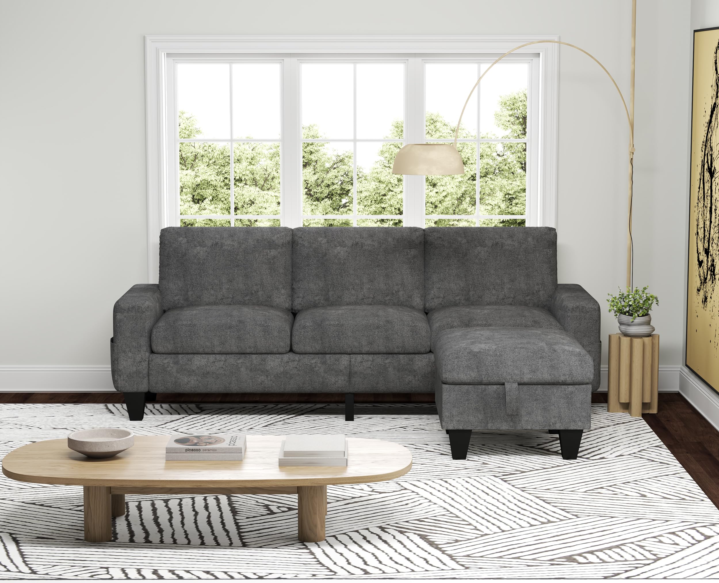 Yattem Convertible Sectional Sofa Couch:Modern Snowflake Velvet L-Shaped Sofa Couch with Reversible Storage Ottoman&Storage Pockets - 3 Seat Sofa Couch for Living Room/Apartment/Studio/Small Space