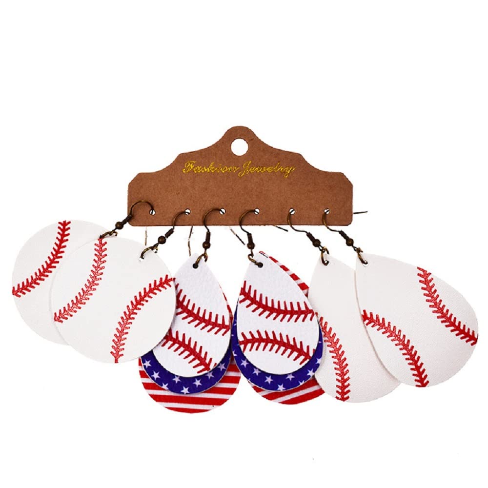 3 Pair Lightweight Glitter Leather Football Earrings Multilayer Leather Football Baseball Basketball Drop Earrings for Women Funny Sports Game Jewelry -Style 1