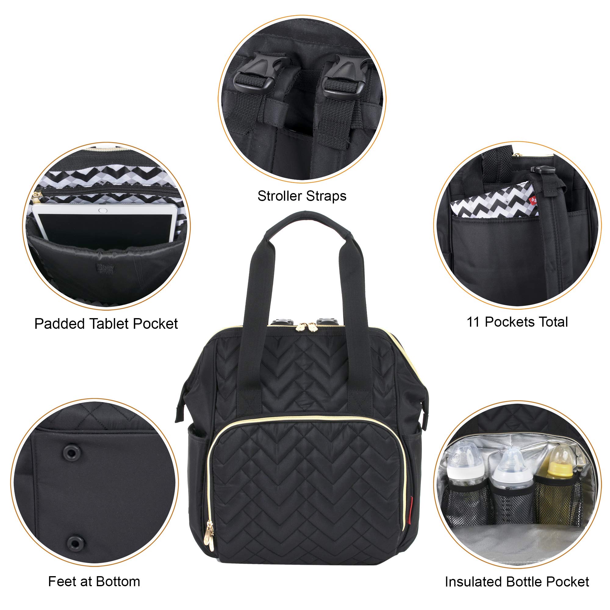 Quilted Backpack Diaper Bag Tote with Changing Pad, Stroller Straps, Insulated Bottle Compartment (Midnight Black)