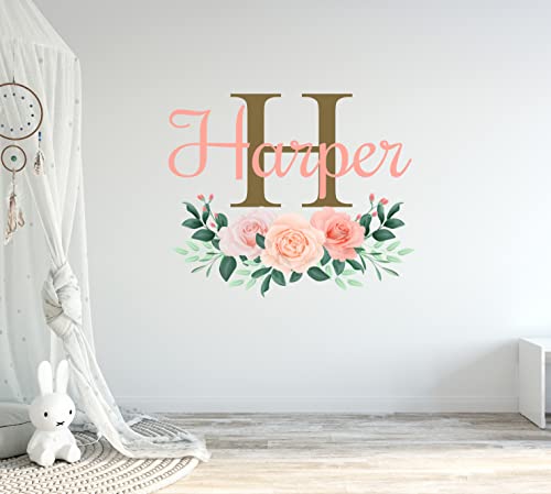 CuteDecals Flowers Custom Name & Initial Wall Decal - Personalized Peonies Art Decor Mural Girls Stickers For Nursery Bedroom Decoration (Mini Wide 15''x13'' Height)