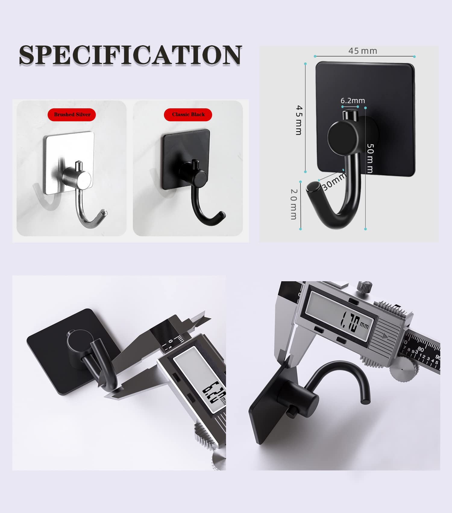 8 Pack Adhesive Hooks Heavy Duty Stainless Steel Black Wall Hooks Sticky Holder Waterproof Aluminum Towel Hooks for Hanging Coat Hat Key Clothes Closet Hook Wall Mount for Kitchen Bathroom Office