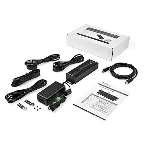 StarTech.com 10-Port USB 3.0 Hub with Power Adapter - Metal Industrial USB-A Hub with ESD & 350W Surge Protection - Din/Wall/Desk Mountable - High Speed USB 3.0 (5Gbps) - (5Gbps) Hub, TAA