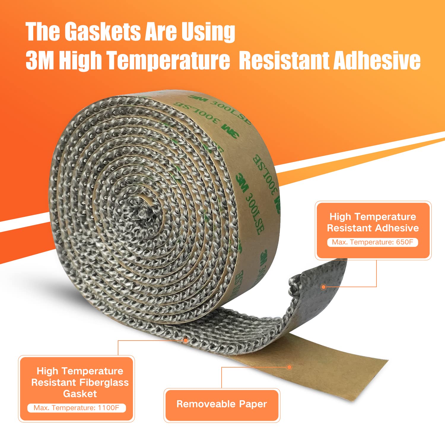 Stove Gasket Tape, Self Adhesive Flat Gasket for Stoves and Fireplaces, 1" Width 72" Length, High Temperature Fiberglass Flat Gasket Tape