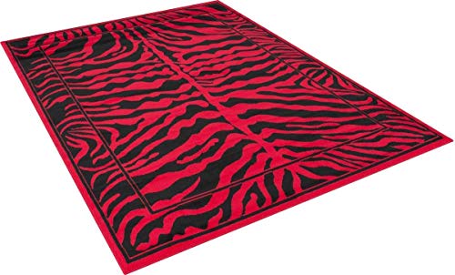 Modern Animal Print Skin Red & Black Area Rug Zebra Bordered African Carpet (5’ 3” X 7’ 5”)