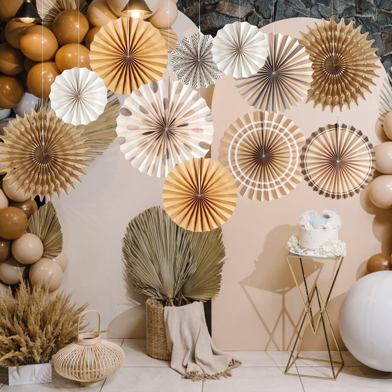 Easy Joy Boho Hanging Paper Fans White Brown Champagne Party Decorations Neutral Rustic Paper Fans Classroom Decoration for Baby Shower Birthday Wedding Bridal Party