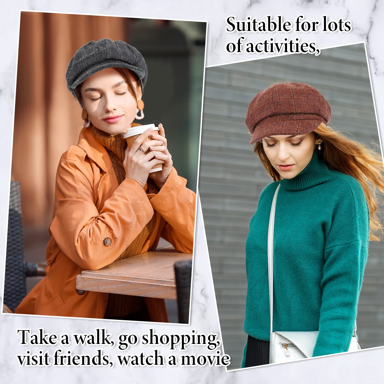 4 Pcs Women's Newsboy Hats Beret Cap All Match Girl's Cap Adjustable Octagonal Plaid Green Cap for Autumn Spring Winter