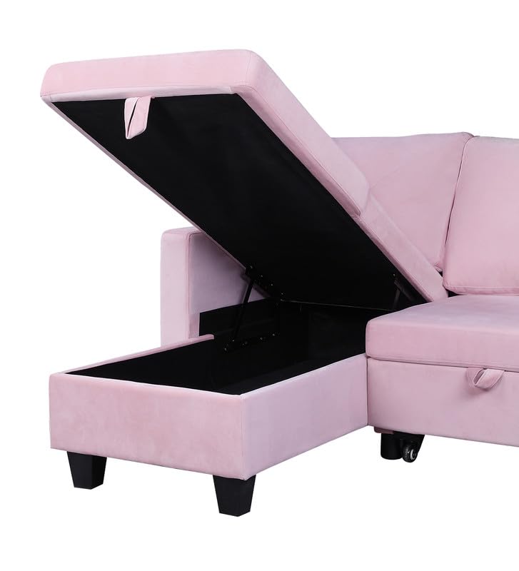 Favfurish 82.5'' L-Shape Convertible Sleeper Sectional Sofa with Storage Chaise and Pull-Out Bed, Velvet Upholstered Reversible Corner 3 Person Couch, for Living Room, Apartment, Pink