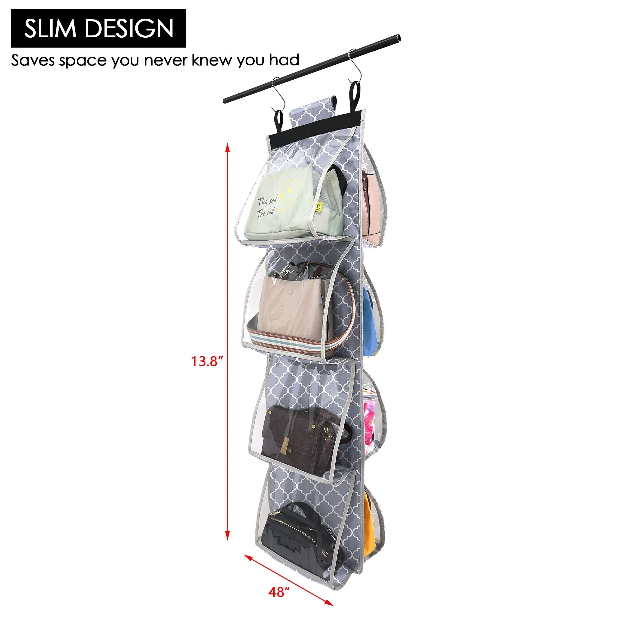BeeGreen Purse Organizer for Cloest Handbag Storage Bag Hanging Purse Holder with 8 Clear Pockets & 2 Swivel Hooks, Grey with White, 16" x 10" x1.3" for Women