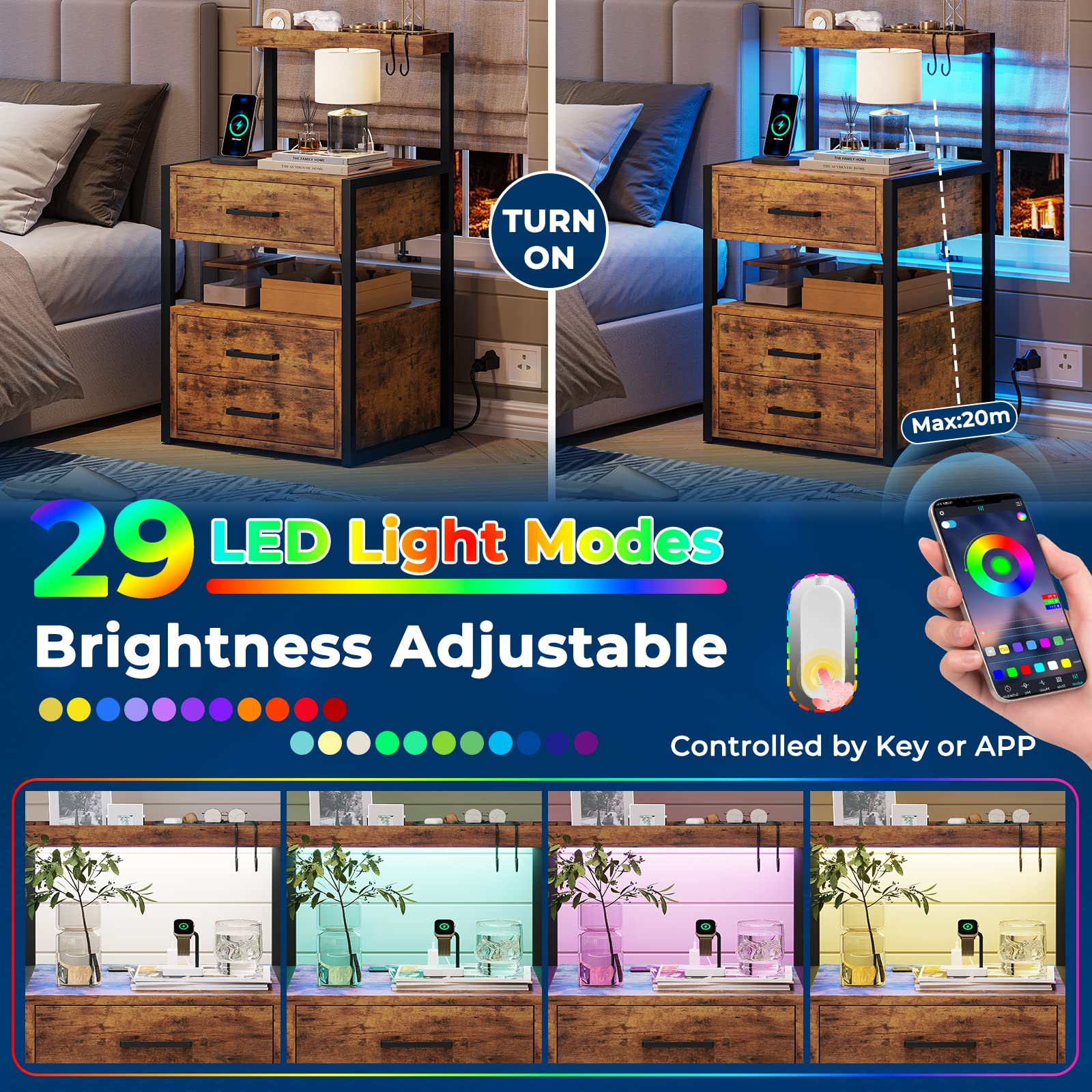 AOGLLATI Nightstand Set of 2 with Charging Station and LED Lights, Bedside Table with 3 Drawers and Open Storage Shelves, 2 USB Ports and 2 AC Outlets, LED Night Stand for Bedroom, Rustic Brown