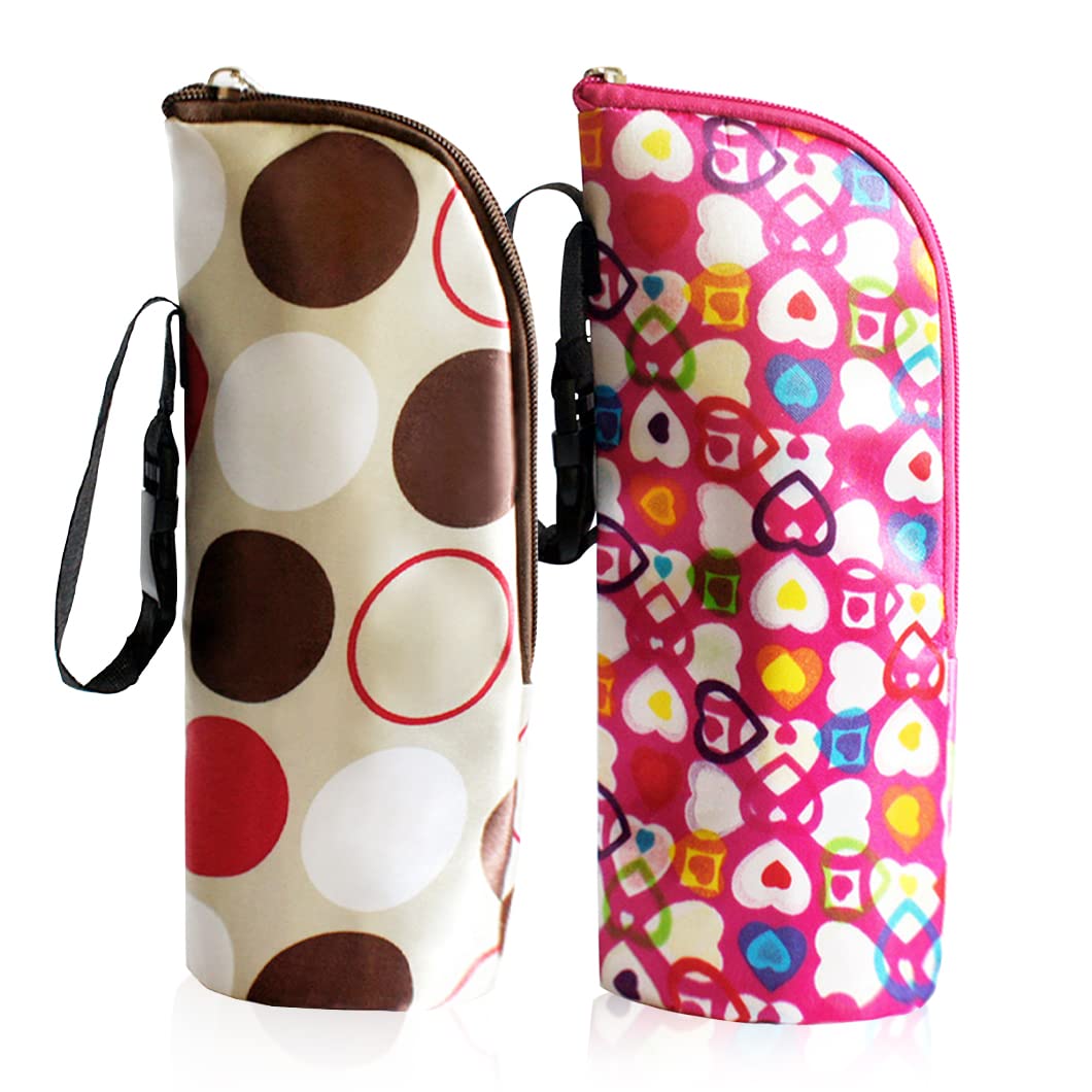 Rolin Roly 2 Pack Bottle Cooler Bag Baby Bottle Organizer with Strap Baby Thermal Insulated Bags Portable Multipurpose Breastmilk Tote 8 x 8 x 24cm (Love + wave)