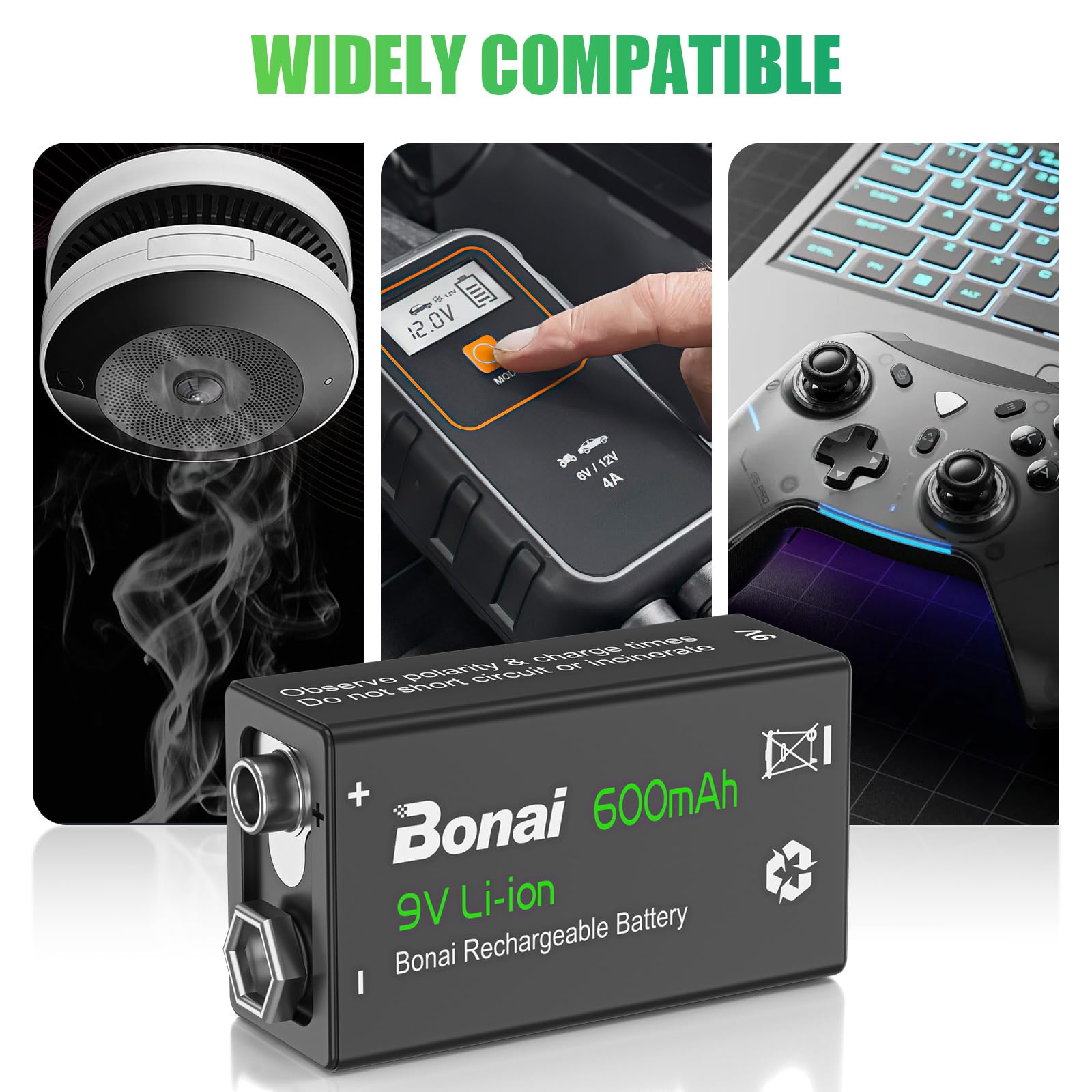 BONAI 6F22 9 Volt Rechargeable Battery(4 Pack) 600mAh Li-ion Rechargeable 9v Batteries with Charger(2 Bay) High Capacity