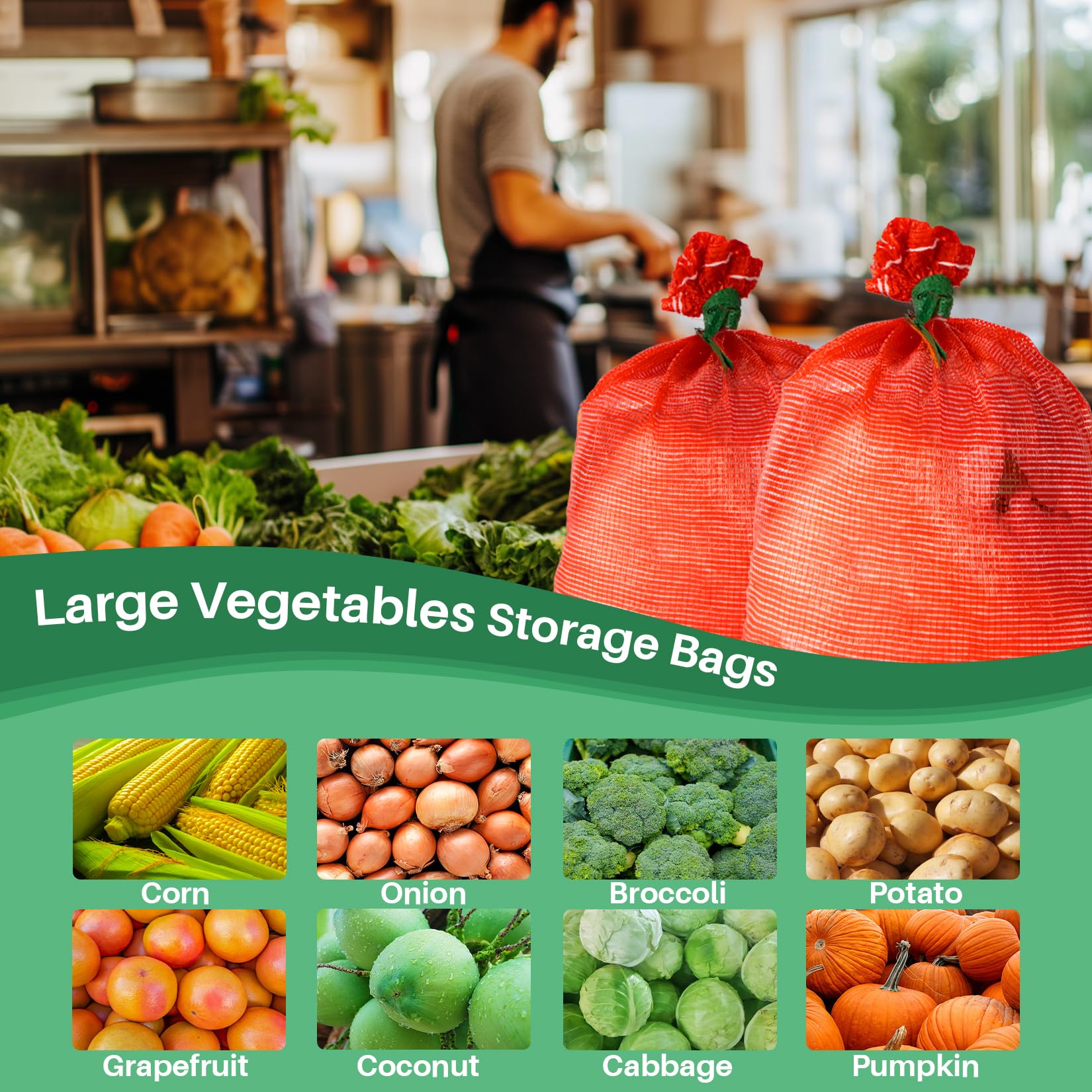 Sukh 7 Pcs Large Mesh Produce Bags - 60lbs Mesh Vegetable Bags Reusable Washable Mesh Storage Bag Breathable Produce Bags Onion Storage With Drawstring for Potato Onion Citrus Fruits 20"X32" Red