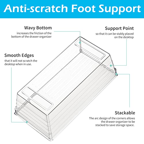 soulmate 10Pcs Clear Drawer Organizer Tray 3-Size Plastic Desk Drawer Organizations Set Bathroom Vanity Drawer Organizer Storage Tray for Makeup, Kitchen Utensils, Jewelries and Gadgets