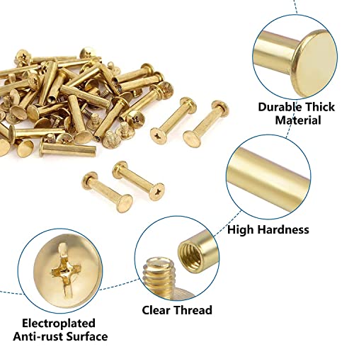 INCREWAY Phillips Screws, 30 Sets 5mm X 25mm Copper Plated Chicago Binding Screws Round Cross Head Stud Screw Posts Nail Docking Rivet Chicago Button, Brass Tone