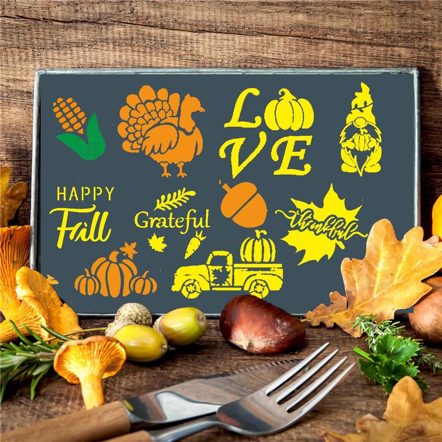 30PCS Fall Stencils 3x3" Reusable Small Thanksgiving Stencil Pumpkin Maple Leaf Autumn Templates for Painting on Wood, Paper, Board, Cards for Thanksgiving DIY Crafts Home Decorations