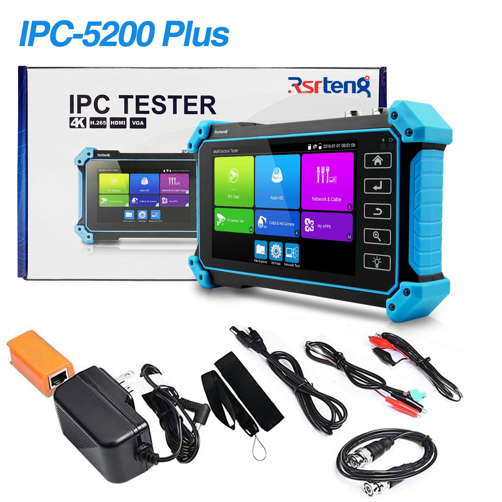 Rsrteng IP Camera Tester, IPC-5200 Plus 8MP AHD CVI TVI SDI CVBS IP Camera Test 4K HD Display Video Monitor 5inch IPS Touch Screen IPC Tester Support POE PTZ RS485 HDMI & VGA Input DC12V Output