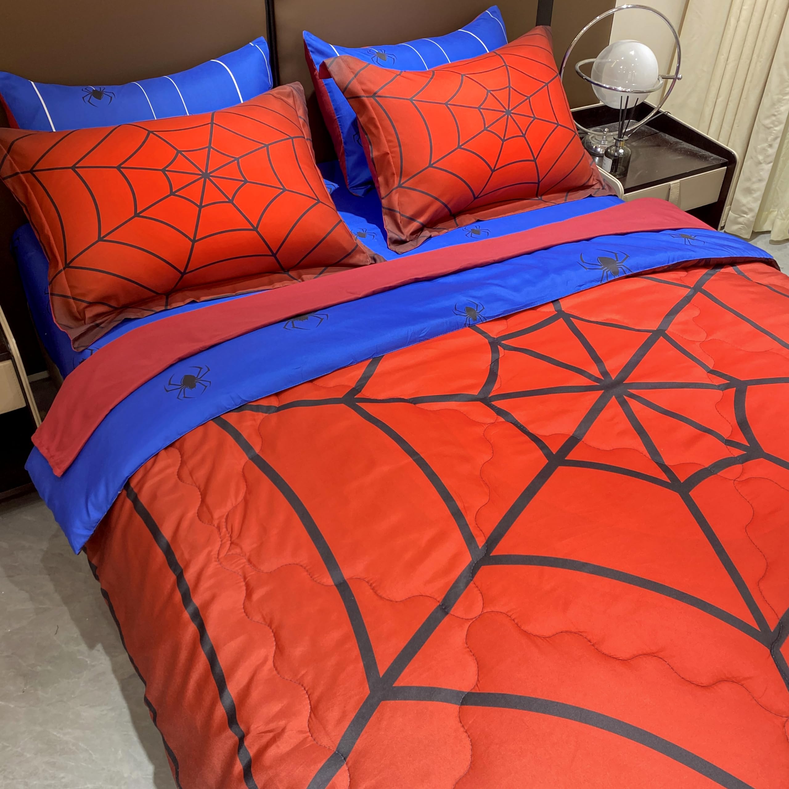 FAIRY KAARI Boys Spider Web Printed Comforter Set Bed in A Bag Twin Size 7PC Red Bedding Set for Teens Kids Boys (1 Comforter, 1 Flat Sheet 1 Fitted Sheet 2 Pillowcase and 2 Pillow Sham)