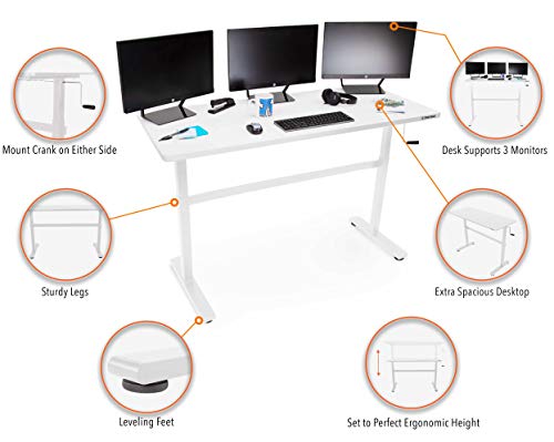 Stand Steady Tranzendesk 55 Inch Standing Desk | Easy Crank Height Adjustable Sit to Stand Workstation | Modern Ergonomic Desk Supports 3 Monitors | Perfect for Home & Office (55"/ White)