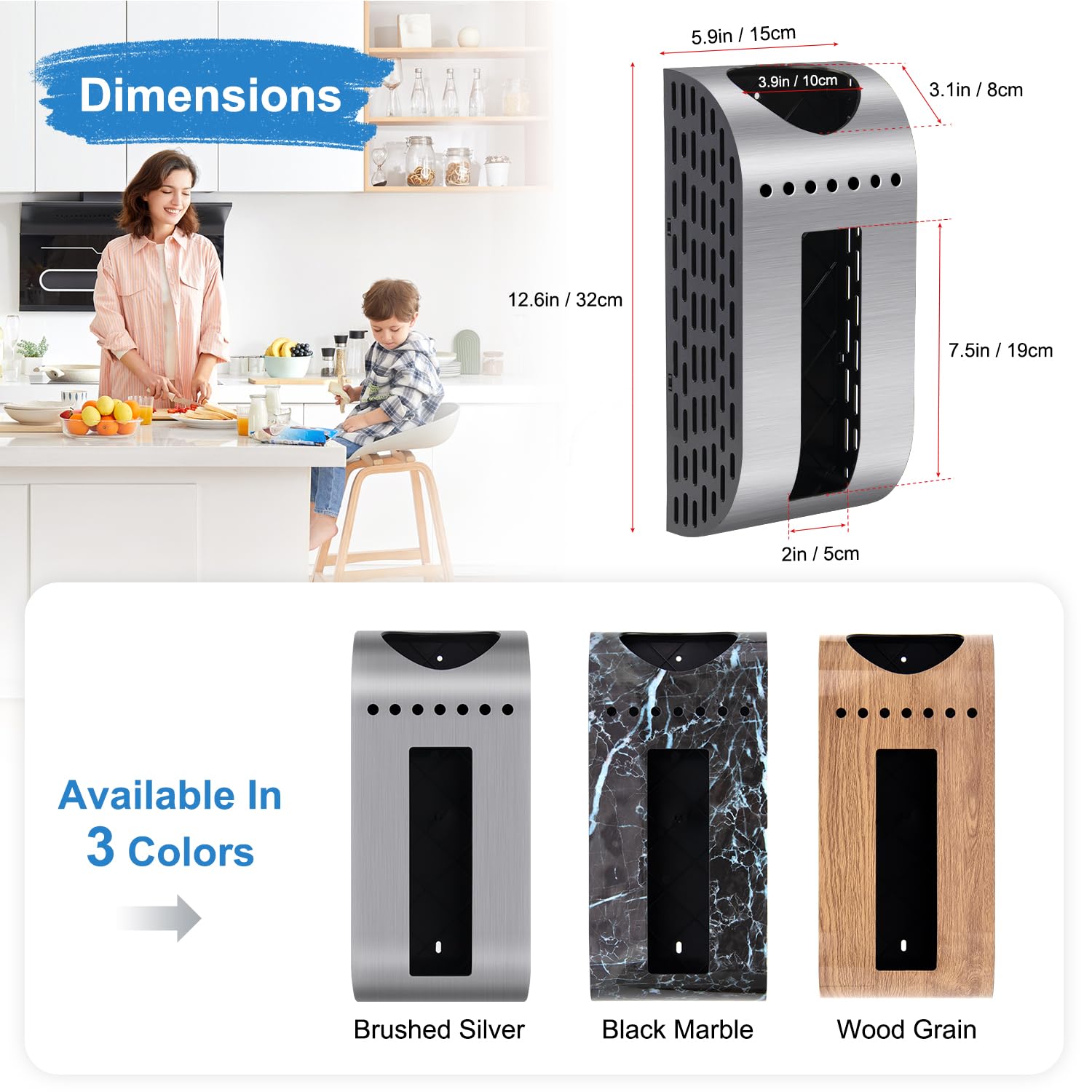 LEWONO Grocery Bag Holder Wall Mount Plastic Bag Dispenser Space Saving Brushed Silver Garbage Bag Holder for Cabinet, Cupboard, Pantry, Anti-Fingerprints Design