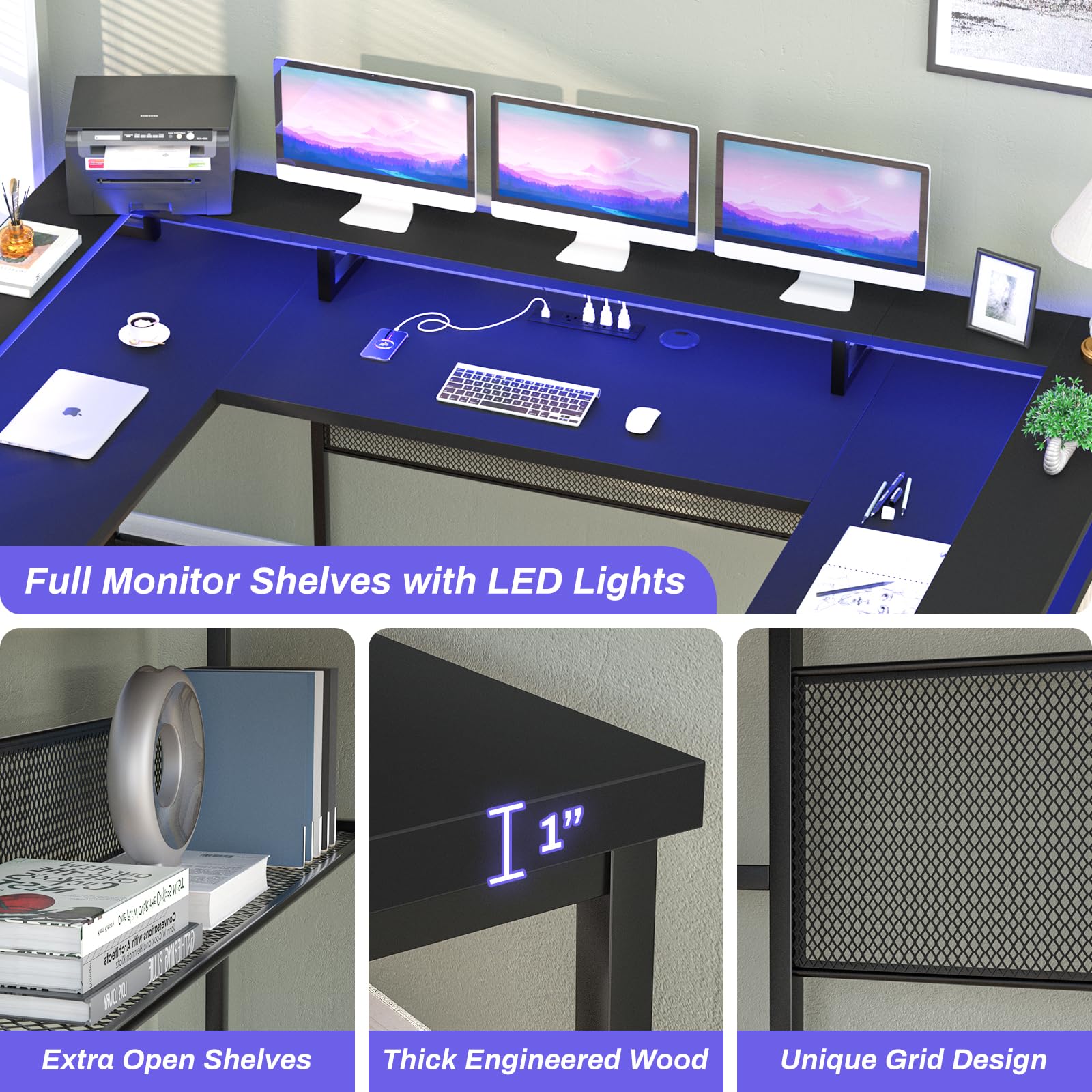 Unikito U Shaped Computer Desks, Reversible Office Desk with LED Strip and Power Outlets, L Shaped Table with Full Monitor Stand and Storage Shelves, 83 Inch Large U- Shape Gaming Desk, Black