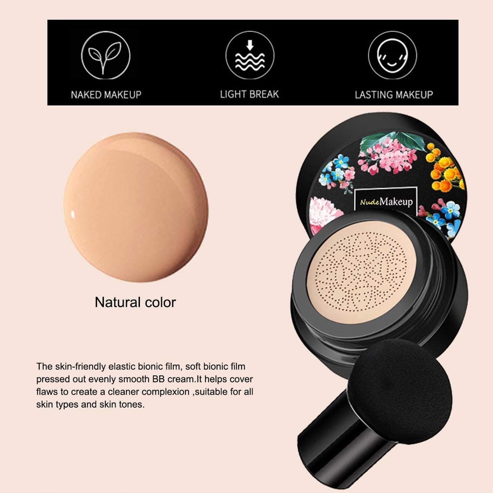 Mushroom Head Air Cushion BB Cream,Concealer Lasting Nude Makeup Moisturizing Pigment CC Liquid Foundation, Even Skin Tone Makeup Base Primer(Natural)