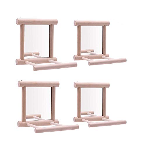 HANZE Bird Mirror with Swing Hummingbird Swing Bird Perches for Parrots Stand Wooden Swing Toy for Macaws Lovebird Cockatoo Parakeet Conure Finch Cockatiels,4 Pack