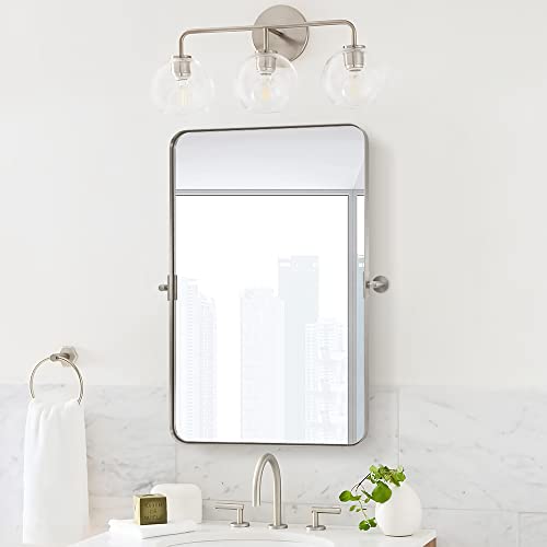 ANDY STAR 22"x34" Brushed Nickel Pivot Mirror for Bathroom, Silver Metal Frame Bathroom Mirrors for Wall,Rectangle Titling Vanity Wall Mirror with Rounded Corner Design Hangs Vertically Only