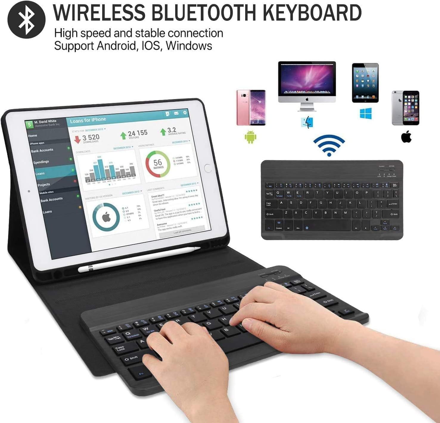 KVAGO iPad Keyboard Case 9.7 inch, Compatible with iPad 6th Generation,iPad 5th Generation, iPad Pro 9.7 inch, iPad Air 2,iPad Air, Protective Folio Cover with Wireless Bluetooth Keyboard -Black