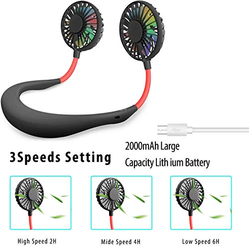 Portable Neck Fan - USB Rechargeable Fan with 3 Speeds Adjustable, Neck Fans Portable Rechargable Prime with LED Lights - Black