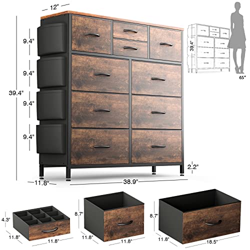 Himusi Dresser for Bedroom with 10 Drawers, Fabric Storage Tower with Side Pockets, Tall Chest of Drawers for Nursery, Hallway, Closets (Rustic Brown)