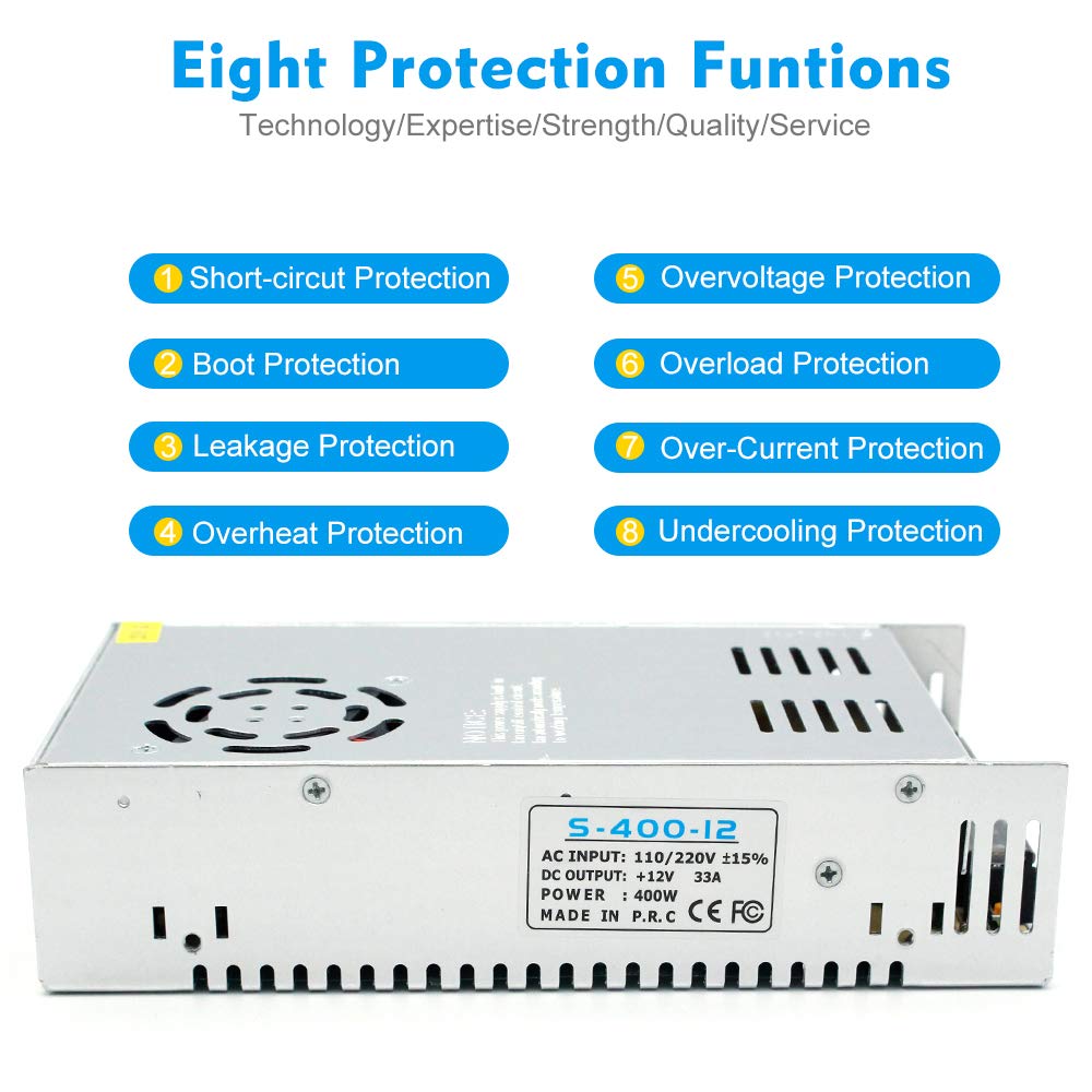 inShareplus 12V 33A 400W, DC Universal Regulated Switching Power Supply, Converter AC 100-240V to DC 12 Volt LED Driver, Transformer, Adapter for LED Strip Light, 3D Printer, Radio, Computer Project
