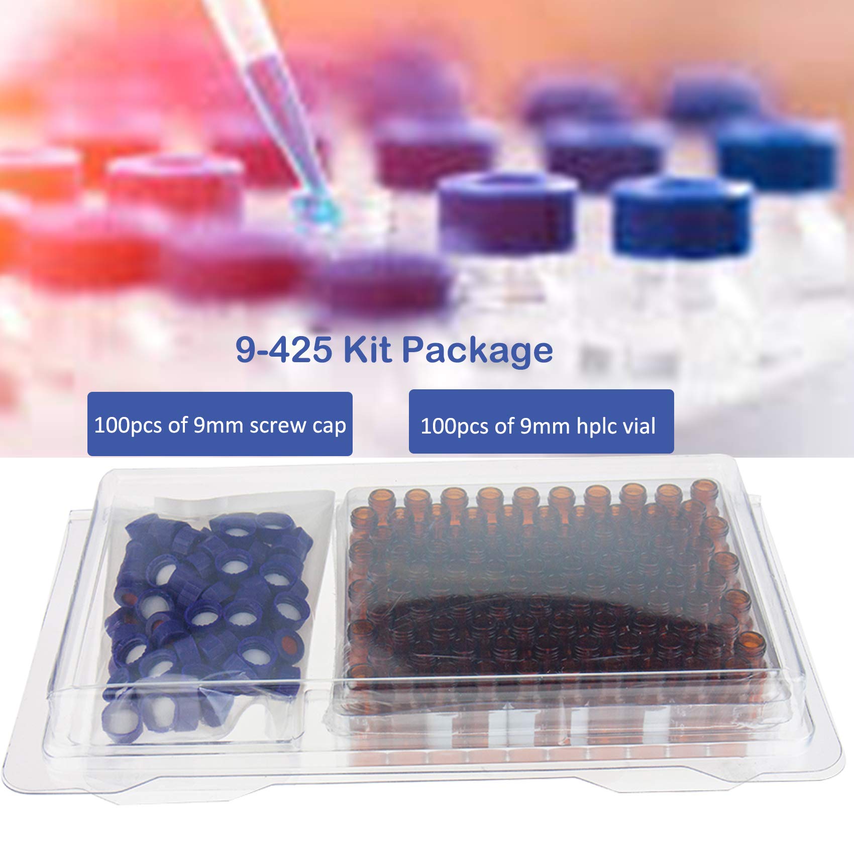 ALWSCI 2 ML 9 mm HPLC Vial,Clear Autosampler Vial, Borosilicate Sample Vial with Graduation, 9-425 Type Screw Threaded Vial, Blue Screw Cap with Hole, Red PTFE&White Silicone Septa, 100 of Pack