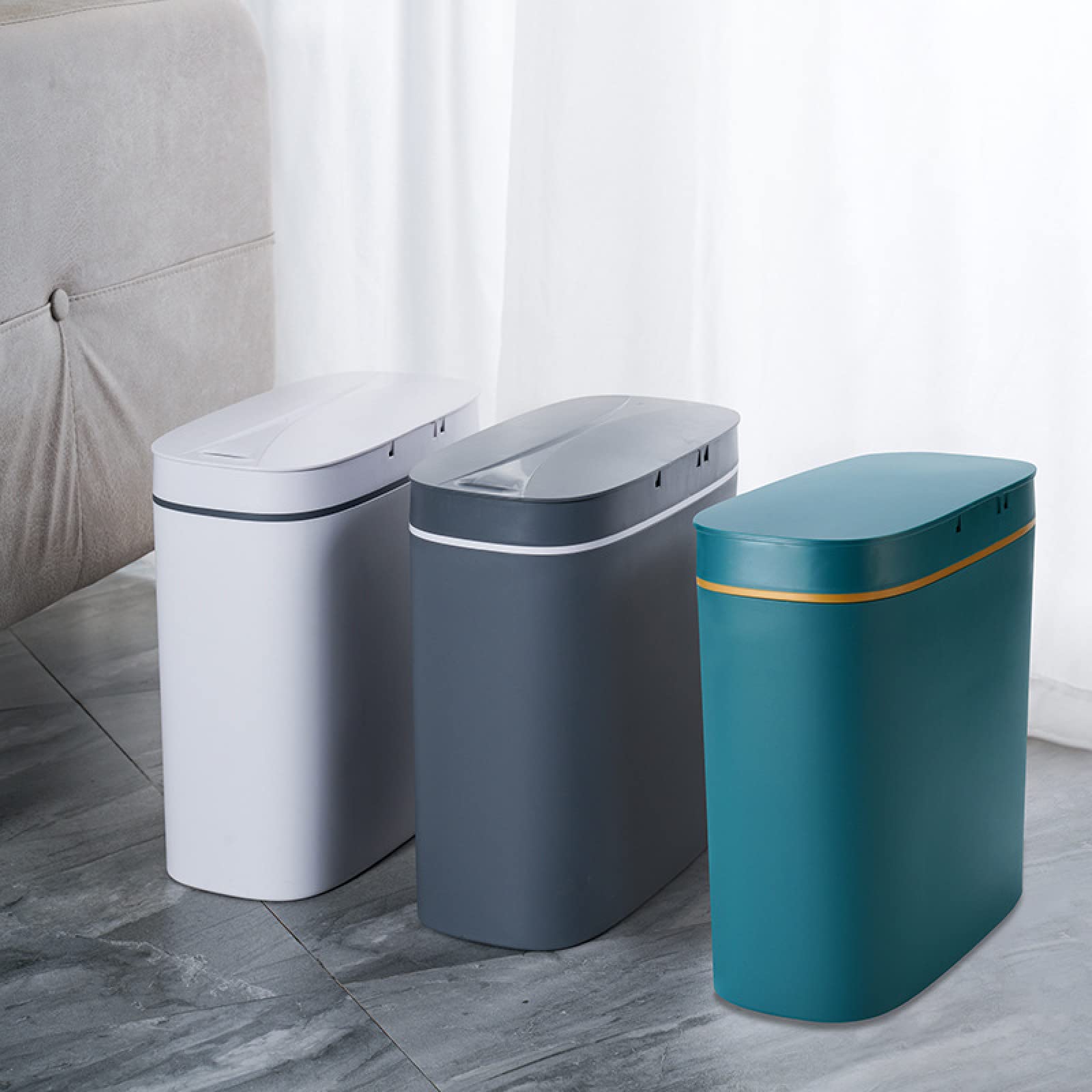 ALEEIK Motion Sensor Trash Can with Lid,3.7 Gallon Automatic Touchless Trash Can Slim Smart Plastic Narrow Trash Bin Wastebasket Rechargeable Waterproof Garbage Can, Gray