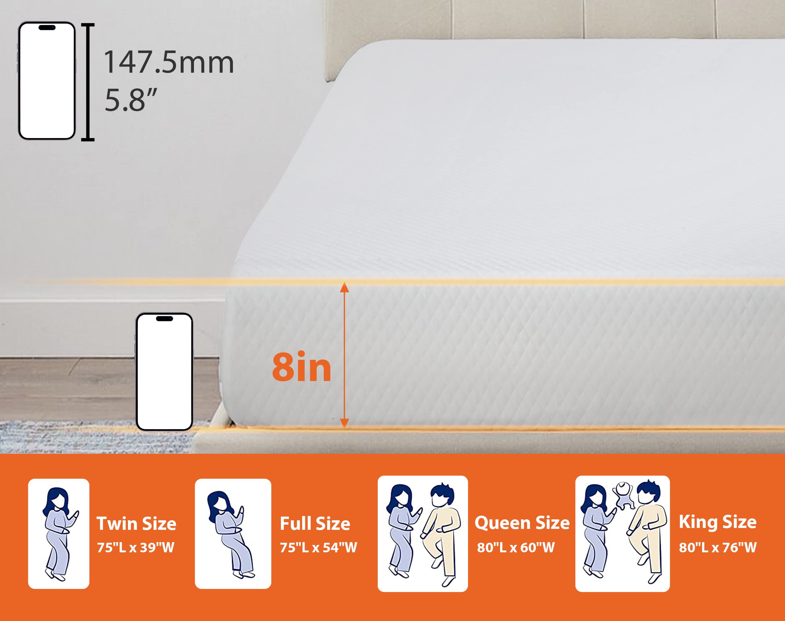 8 inch King Size Mattress with Cover, Cooling Gel Memory Foam King Mattress for a Cool Sleep & Pressure Relief, Medium Firm Mattress Pad King Mattresses, Bed in a Box, CertiPUR-US Certified