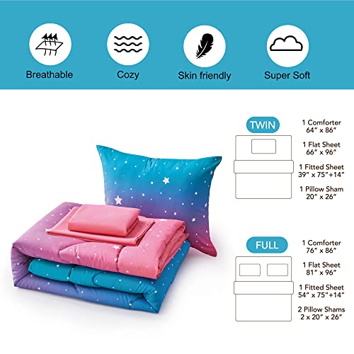 ART DEMO Rainbow Pastel Purple Comforter Sets for Teen Girls, Full Size 5 Pieces Bed in a Bag, Ultra Soft Microfiber Comforter and Sheet Sets, Cooling Summer Dorm Bedding Set