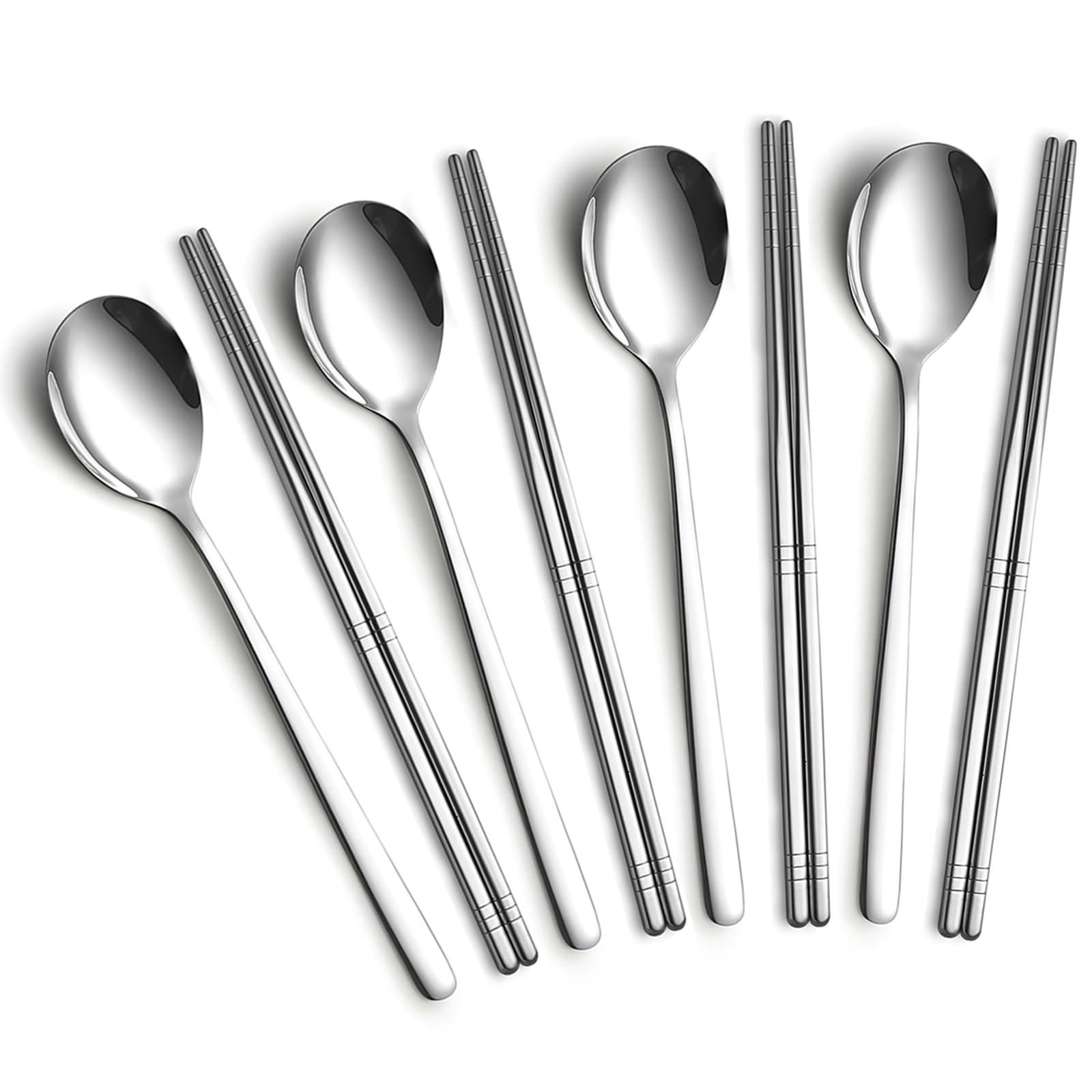 Tiokin Spoon and Chopsticks Set, 4 Pair Stainless Steel Metal Chopsticks Spoon Set,4 Set Korean Chopsticks and Spoons, Reusable Flat Long handle Chopstick Spoon Set for Home, Kitchen or Restaurant