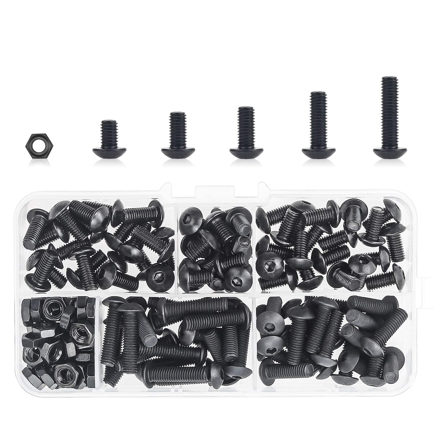 DYWISHKEY 150 Pieces M5 x 8mm/10mm/12mm/16mm/20mm, 10.9 Grade Alloy Steel Hex Button Head Cap Bolts Nuts Kit with Hex Wrench