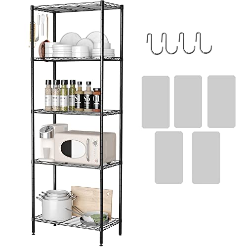 HOMEFORT 5-Shelving Unit,Adjustable Wire Shelving,Metal Wire Shelf with Shelf Liners and Hooks for Kitchen,Closet,Bathroom,Laundry,Black,21" W x 11" D x 59" H