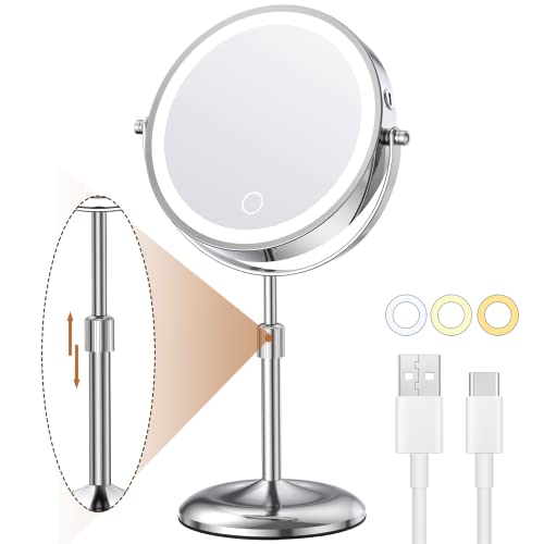 Anfauny Height Adjustable Makeup Mirror with Lights, 7" Double Sided 1X 10X Magnification Lighted Makeup Mirror, 3 Color LED Dimmable, Rechargeable Cordless Tabletop Light Up Mirror, Women Gift