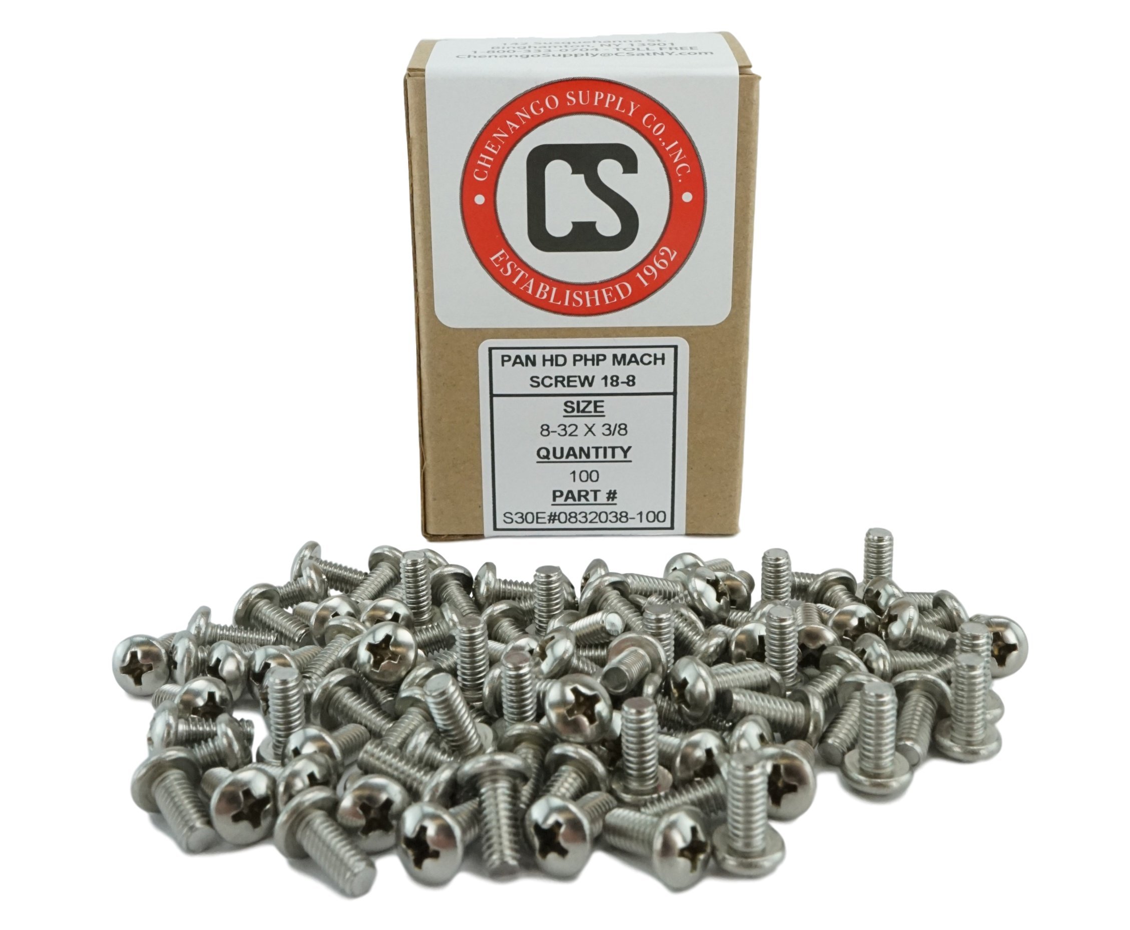 Chenango Supply Stainless 8-32 x 3/8inches (3/8inches to 3inches Lengths Available) Pan Head Machine Screws, Full Thread, Phillips Drive, Stainless Steel 18-8, Machine Thread (100 pcs, 8-32 x 3/8)
