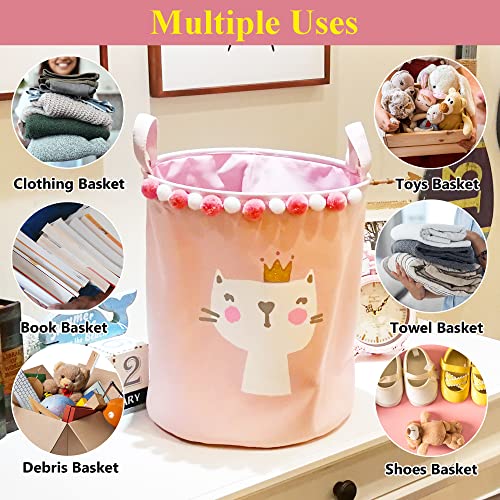Cute Babys Laundry Basket - Kids Laundry Hamper for Girls, (Cat) Collapsible Thicken Durable Toys Organizer Storage Round Baskets and Nursery Bedroom Decor (Pink)