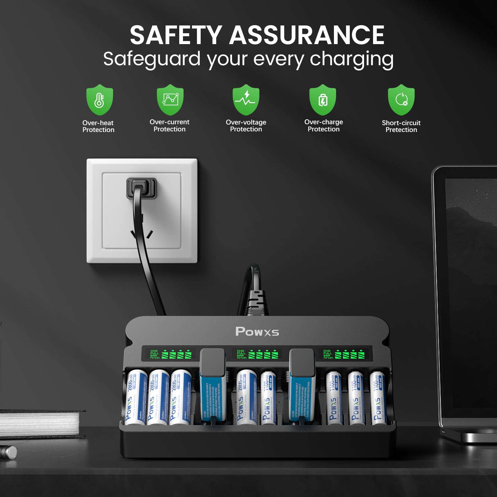POWXS Rechargeable AA AAA 9V Battery Charger with 1800mA High-Speed, 12 Bay Independent Battery Charger for 1.2V Ni-MH Ni-CD AA AAA 9V Rechargeable Batteries and 9V Lithium ion(Include AC Cable)