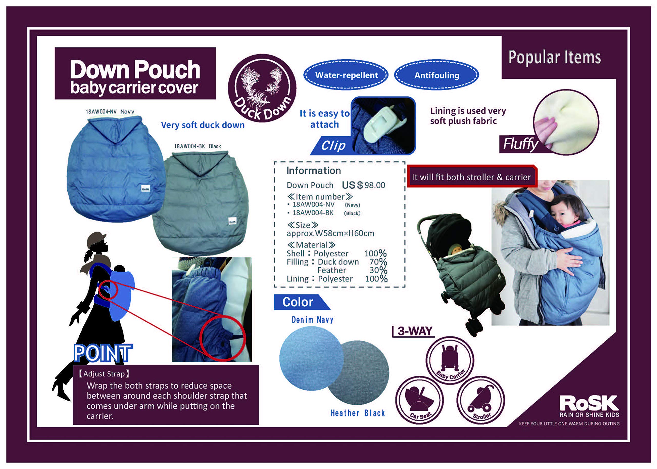 RoSK-Down Pouch 3way-Stroller,Carrier Cover and Car Seat Footmuff, Best for Freezing Winter Conditions (Denim)