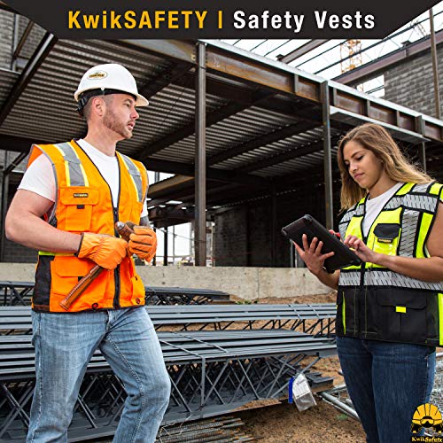KwikSafety - Charlotte, NC - EXECUTIVE Safety Vest [10 POCKETS] Class 3 ANSI OSHA High Visibility Reflective Heavy Duty Mesh iPad Pocket HiVis Men Construction Work Gear/Yellow Large