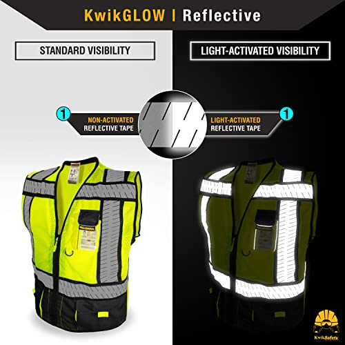 KwikSafety - Charlotte, NC - SPECIALIST Safety Vest [Multi-Use Pockets] Class 2 ANSI OSHA High Visibility Reflective Heavy Duty Solid Mesh HiVis Construction Surveyor Work Men/Black Medium