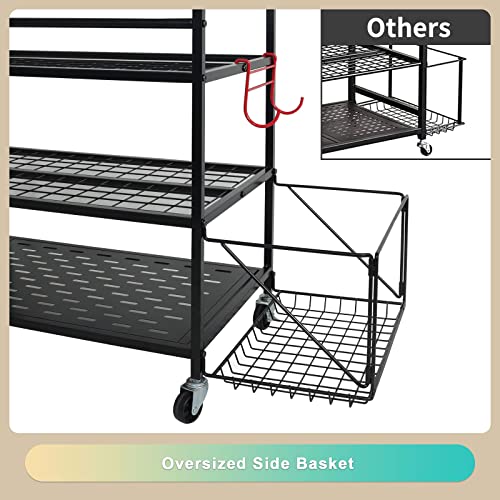 FLIORS Black 4-Tier Storage Shelving Unit with Whelss, Home Gym Storage Rack, Home Gym Workout Equipment Storage Rack, Workout Storage with Wheels and Hooks, Heavy Duty Storage Shelving