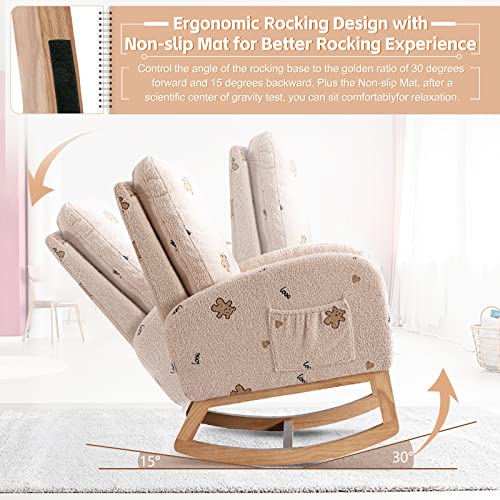 Cute Comfy Rocking Chair for Baby Nursery, Upholstered Rocker Chair with High Backrest and Side Pocket, Modern Armchair for Living Room, Glider Rocker with Solid Wood, Quiet Rocking Design, Beige