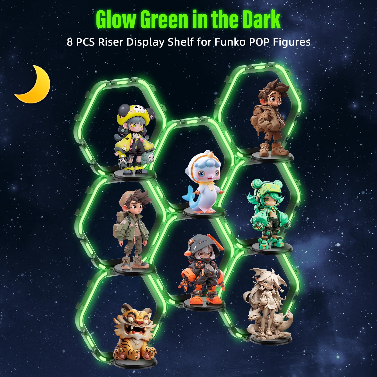 Ninoge 8PCS Riser Display Shelves for Figures, Glow in the Dark shelf for Funko POP Figures, Collectible Figure Display Stands, DIY shape configurations, Black